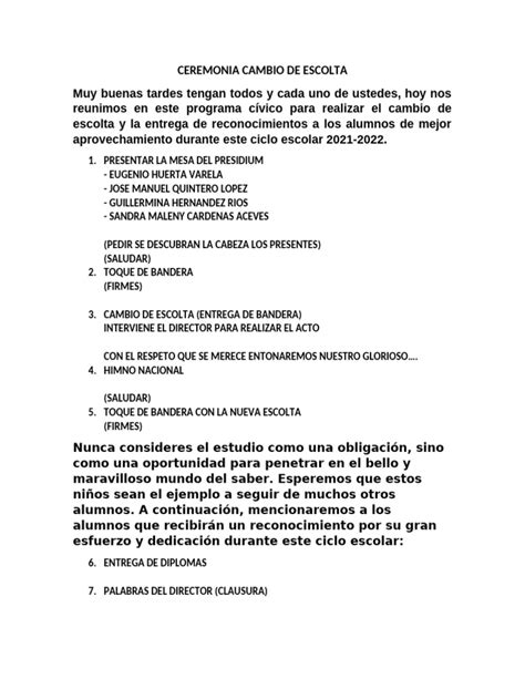 Ceremonia De Cambio De Escolta 2022 Pdf