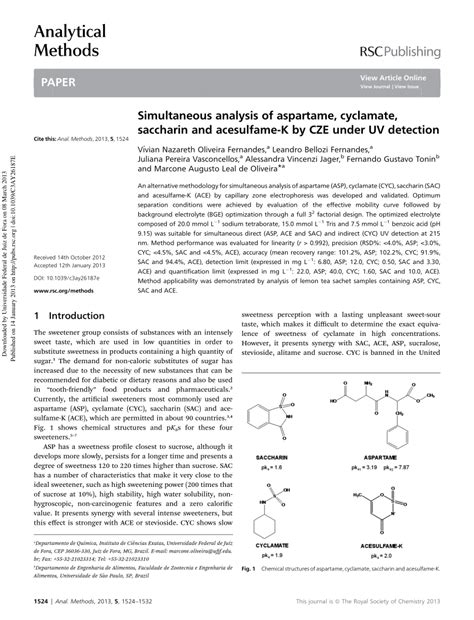 Pdf Simultaneous Analysis Of Aspartame Cyclamate Saccharin And