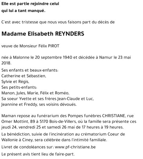 Avis De Décès De Elisabeth Reynders Décédé Le 23 05 2018 à Namur Annonce Condoléances Fleurs