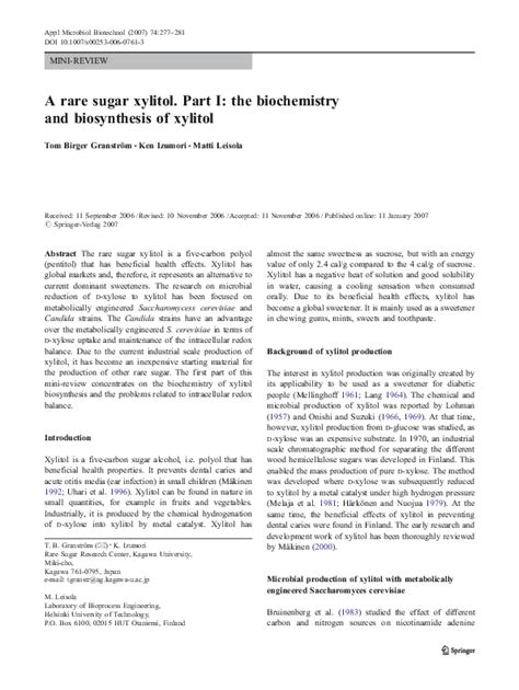 Pdf A Rare Sugar Xylitol Part I The Biochemistry And Biosynthesis