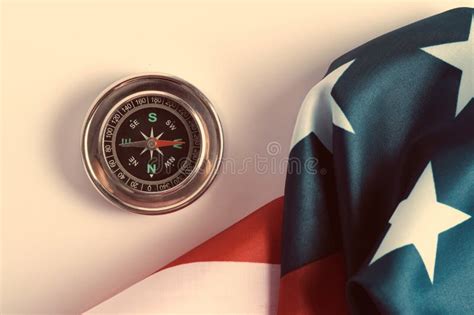 Compass Pointing West And Star Spangled Flag United States America Stock Image Image Of
