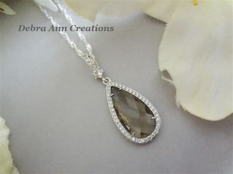 Gray Crystal Teardrop Necklace Grey Wedding Jewelry Dark Grey Necklace