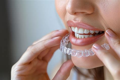 Woman Placing Invisible Clear Aligners To Straighten Crooked Teeth For