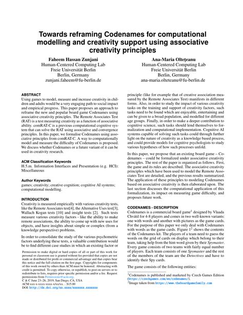 Pdf Towards Reframing Codenames For Computational Modelling And Creativity Support Using