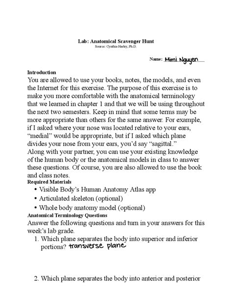 Biology Lab Anatomical Scavenger Hunt 202324 Lab Reports Biology