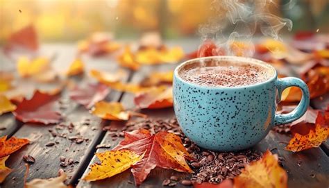 Cup Of Coffee With Fall Autumn Season Surrounding Background Premium
