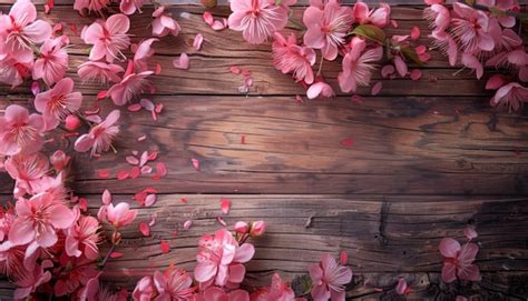 Pink Blossom Frame On Rustic Wooden Background Premium Ai Generated Image