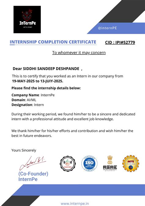 Completed My Project Based Aiml Internship At Internpe Siddhi