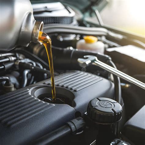 Fresh Oil Poured Into Engine Wrench Beside Softly Illuminated Engine Compartment Stock