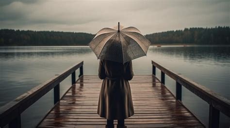 Premium Photo Wooden Pier On The Lake With Woman On The Pier Rainy Day