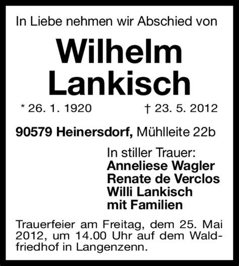 Traueranzeigen Von Wilhelm Lankisch Trauer Nn De