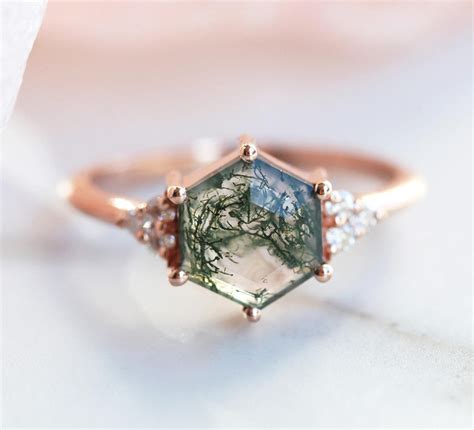 Moss Agate Ring Hexagon Engagement Ring Green Gemstone And Diamond Ring