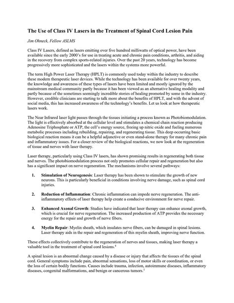 The Use Of Class Iv Lasers In The Treatment Of Spinal Cord Lesion Pain