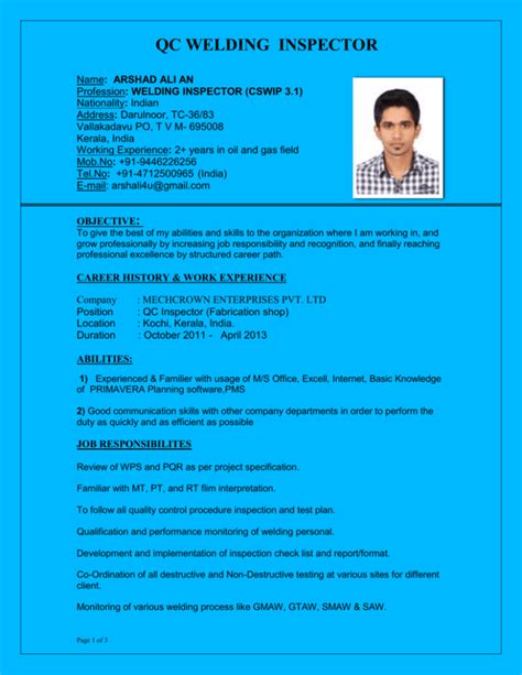 Qc Welding Inspector Resume Arshad Ali An