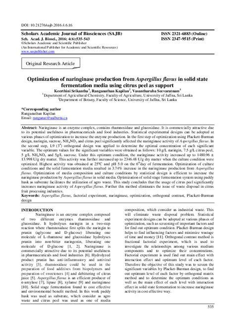 Pdf Optimization Of Naringinase Production From Aspergillus Flavus In Solid State Fermentation