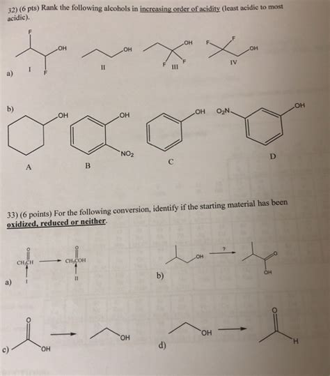 Solved 32) (6 pts) Rank the following alcohols in increasing | Chegg.com