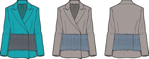 숙녀 프린지 패널 블레이저 전면 및 후면 플랫 스케치 기술 드로잉 벡터 일러스트 템플릿 프리미엄 벡터
