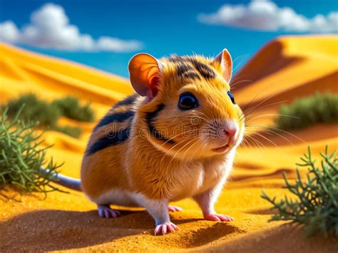 A Portrait Of Young Mongolian Gerbill Standing On The Sand In A Desert