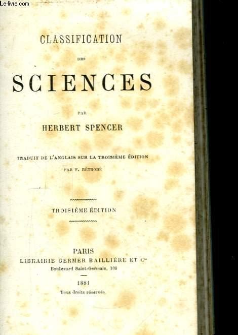 Classification Des Sciences Von Spencer Herbert Bon Couverture Rigide