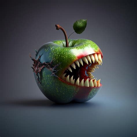 Premium Ai Image Predatory Apple Unusual Fantasy Apple With Teeth Isolated On Black Closeup