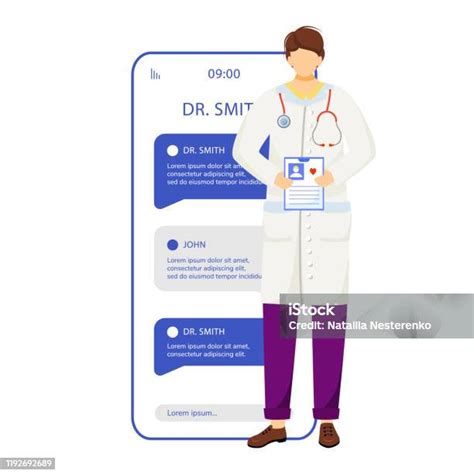 온라인 의사 상담 스마트폰 벡터 앱 화면 의료 전문가와 채팅 만화 캐릭터 디자인 모형과 휴대 전화 디스플레이 원격 의료 응용 프로그램 전화 인터페이스 가공의 인물에 대한