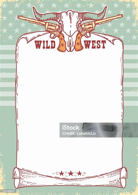 텍스트에 대한 와일드 웨스트 배경 오래된 종이에 벡터 빈티지 포스터 카우보이 웨스턴 핸드는 버팔로 두개골과 총으로 그림을 그렸습니다 컴퓨터 그래픽에 대한 스톡 벡터 아트 및