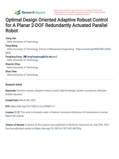 Optimal Design Oriented Adaptive Robust Control For A Planar 2 Dof
