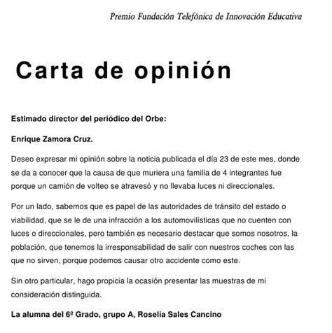 Un Ejemplo De Una Carta Opinion