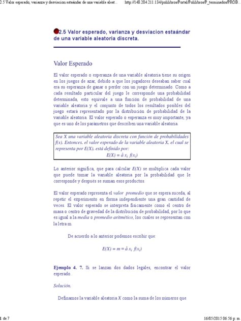 2 5 Valor Esperado Varianza Y Desviacion Estaándar De Una Variable Aleatoria Discreta Pdf Pdf