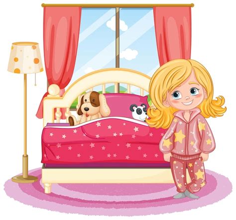 아침에 침실에 잠옷을 입은 귀여운 소녀 무료 벡터