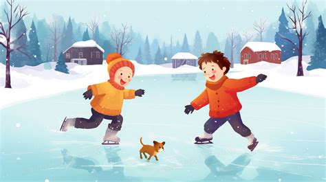 卡通风下雪天玩滑冰的儿童插画图片素材下载格式熊猫办公