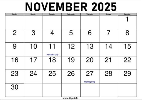 2025 November Calendar Printable With Holidays