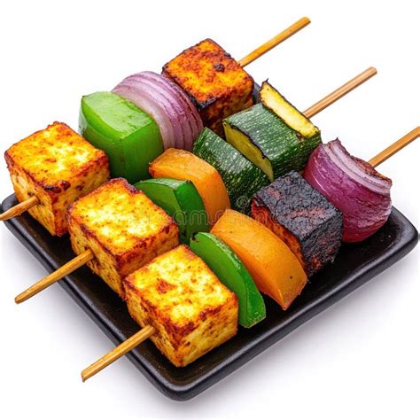 Delicious Indian Paneer Tikka Skewers Vegetables White Background Stock