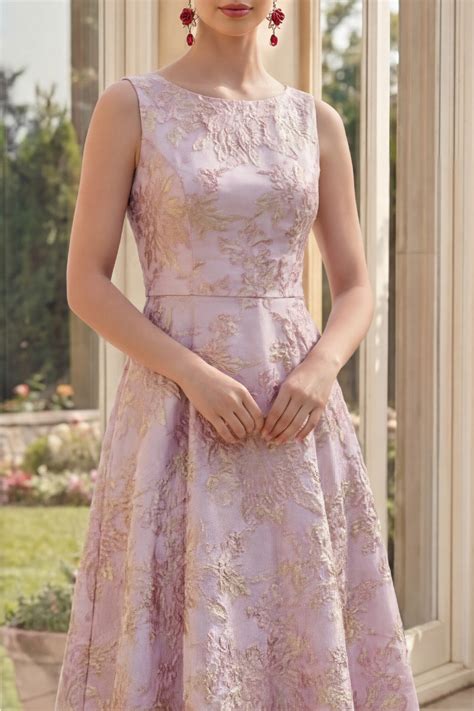 Zapaka Women Dusty Lilac Floral Midi Dress Jacquard A Line Boat Neck