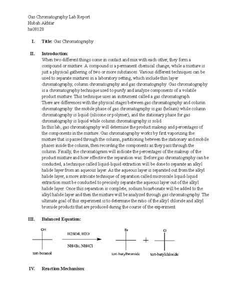 Lab Report 9 Experiment 9 Ochem Lab Gas Chromatography Lab Report