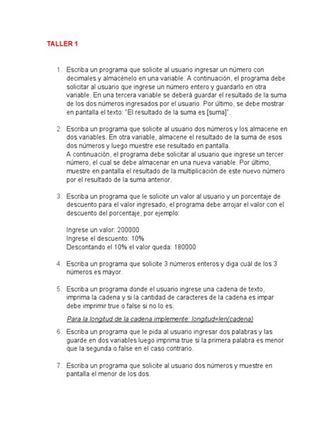 taller 1 repaso python pdf informática programación de computadoras