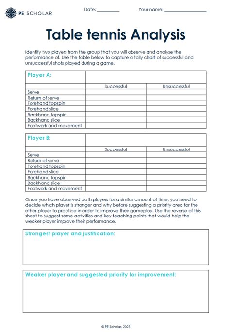 Table Tennis Analysis Worksheet Pe Scholar