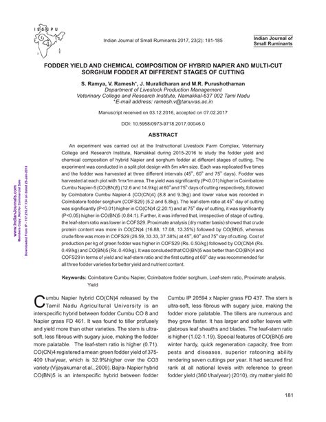 Pdf Fodder Yield And Chemical Composition Of Hybrid Napier And Multi Cut Sorghum Fodder At