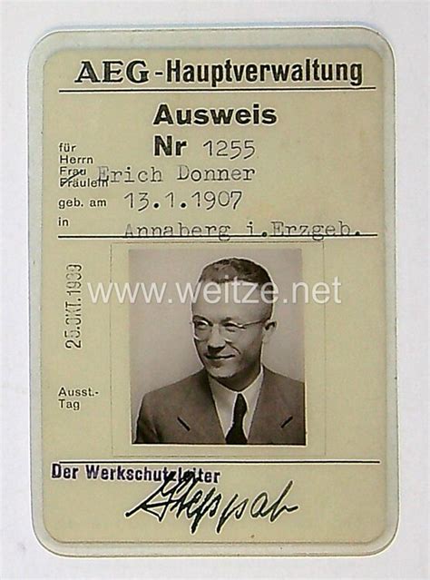 Iii Reich Werksausweis Aeg Hauptverwaltung Iii Reich 1933 1945