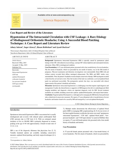 Pdf Hypotension Of The Intracranial Circulation With Csf Leakage A