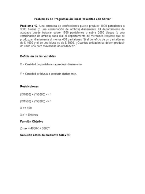 Problema De Programación Lineal Resuelto Con Solver P10 Pdf