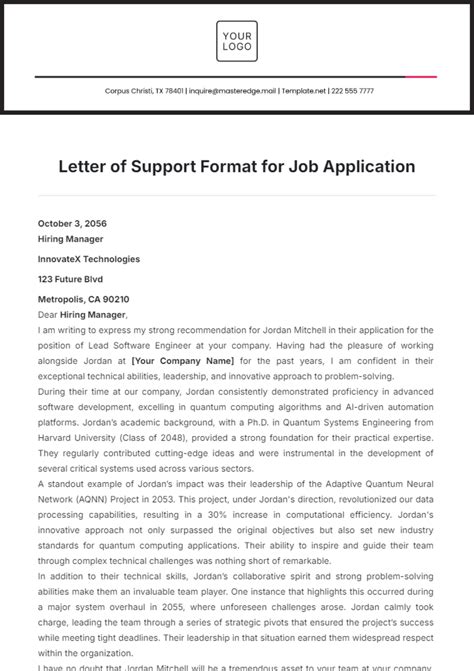 Free Letter Of Support Format For Job Application Template To Edit Online