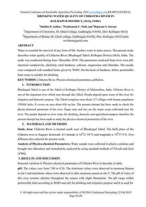 Pdf Drinking Water Quality Of Chikotra River In Kolhapur District M