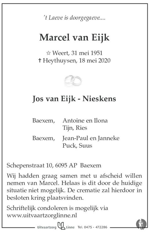 Marcel Van Eijk 18 05 2020 Overlijdensbericht En Condoleances Mensenlinq Nl