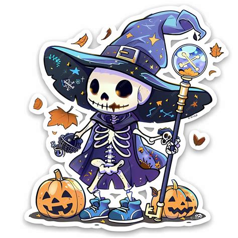 Cute Skeleton Wizard Dressed In A Halloween Costume Holding A Scepter