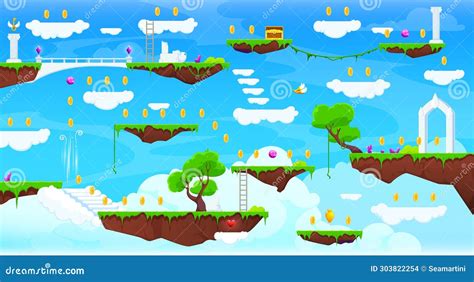 Arcade Game Level Map With Ground Platforms In Sky Stock Vector
