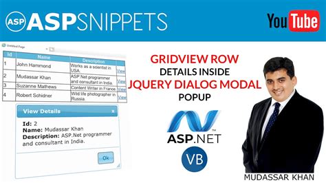 Display GridView Row Details Inside JQuery Dialog Modal Popup In ASP Net Using VB Net YouTube