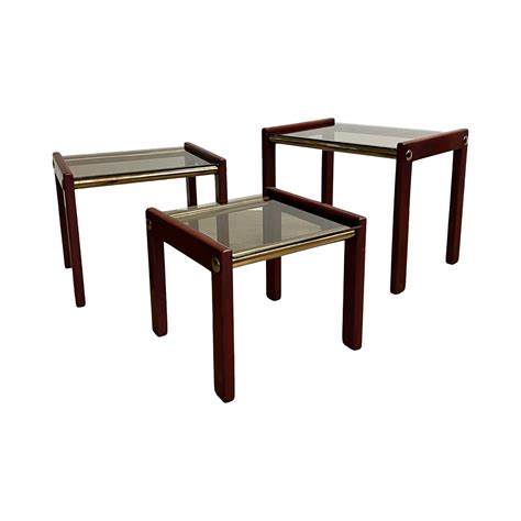 1980s Post Modern Nest Of 3 Brass Wood And Smoky Glass Top Tables