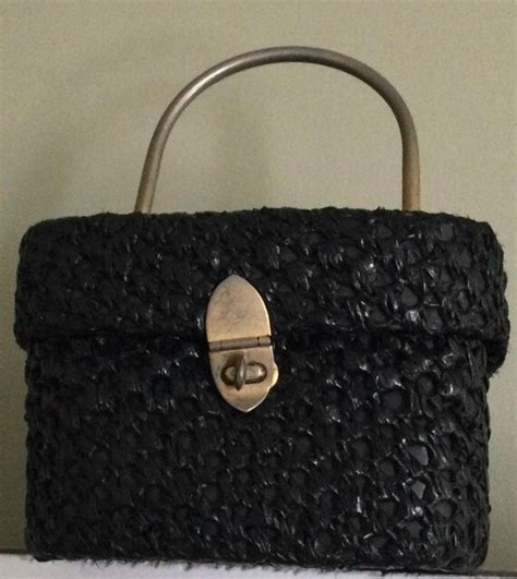1960s Woven Raffia Square Box Bag Black Brass Top Gem