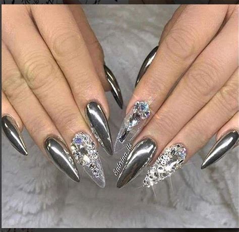 Long Shiny Metallic Silver Rhinestone Acrylic Nails Silver Nails